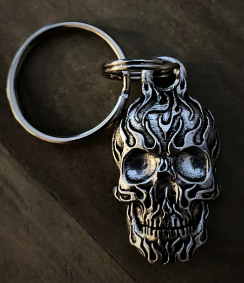 Flame Skull Pewter Key Ring | Fat Skeleton UK