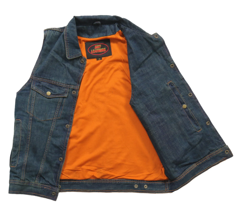 Hot Leathers Men's Blue Denim Biker Cut Vest with collar | Fat Skeleton UK