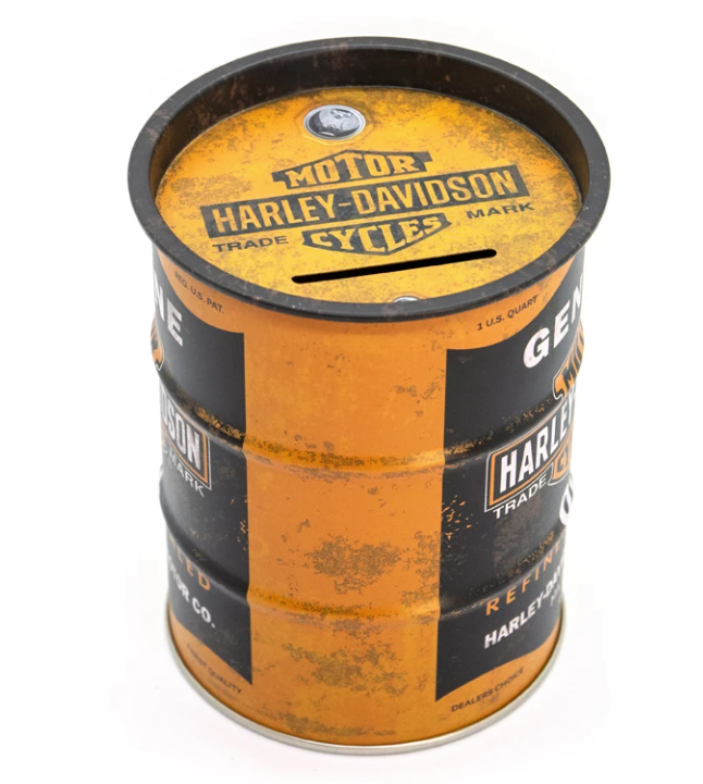 Genuine Harley Davidson Oil Tin Can Money Box | Fat Skeleton UK